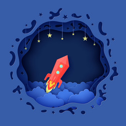 Red rocket launch in space paper cut style Vector Image