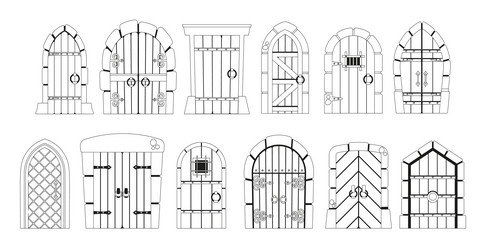 Arched and rectangular medieval doors with iron Vector Image