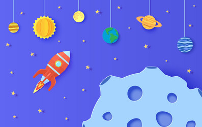Red rocket launch in space paper cut style Vector Image
