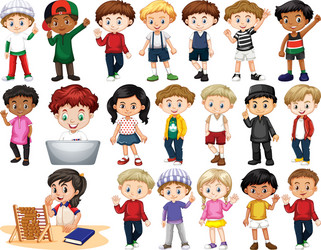 Set multicultural children holding geometric Vector Image