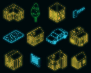 Stone age icons set neon Royalty Free Vector Image