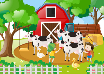 Cartoon farm landscape field with farmers Vector Image