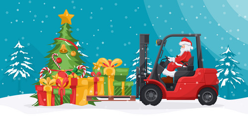 Santa claus driving a forklift loading gifts Vector Image