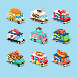Isometric street food trucks and carts selling Vector Image