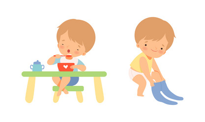 Happy kids having breakfast by themselves two Vector Image