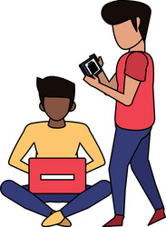 Men using technology devices cartoon in black Vector Image