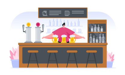 Cartoon male bartender serving customers in pub Vector Image