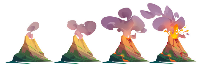 Volcano eruption cartoon set Royalty Free Vector Image