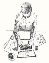 Sketch man computer office work drawn top view Vector Image