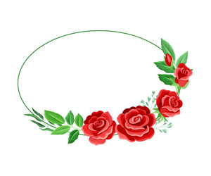 Oval rose frame with red lush bud and green leaves