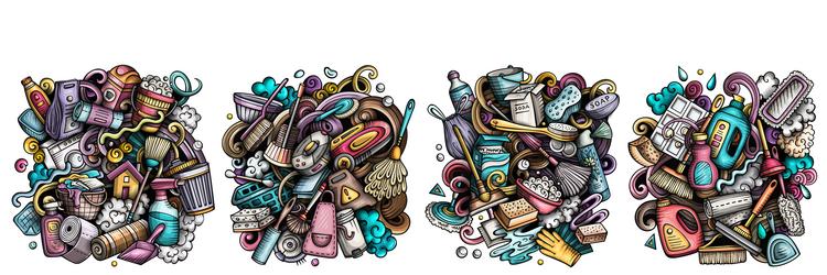 Cleaning cartoon doodle designs set Royalty Free Vector