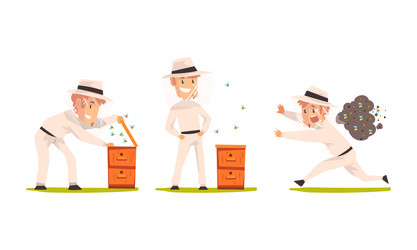 Female beekeeper cartoon character in suit holding