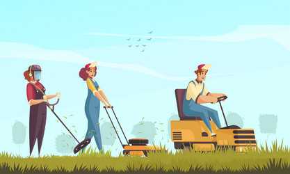 Man mowing lawn cartoon ai generated Royalty Free Vector