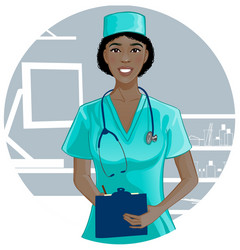 Nurse with stethoscope writes notes Royalty Free Vector