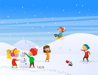 Winter outdoor activities with kids and snowman Vector Image
