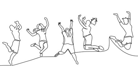 Continuous line drawing of four jumping happy Vector Image