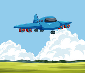 Cartoon airplane flying above green fields Vector Image