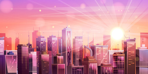 Pink sunset sky with cartoon cityscape Royalty Free Vector
