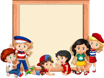 Blank sign template with kids and tablet Vector Image