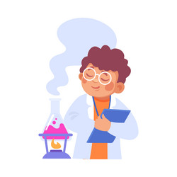 Cute boy at laboratory with flask conduct Vector Image