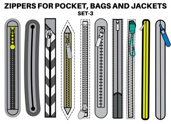 Zip fastener with zipper puller flat sketch set Vector Image