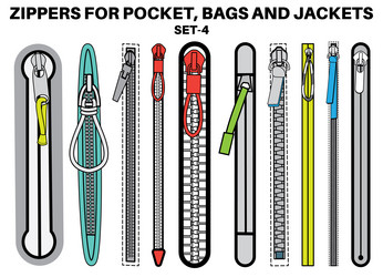 Zip fastener with zipper puller flat sketch set Vector Image