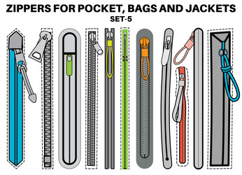Zip fastener with zipper puller flat sketch set Vector Image