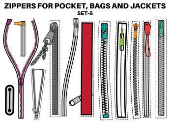 Zip fastener with zipper puller flat sketch set Vector Image