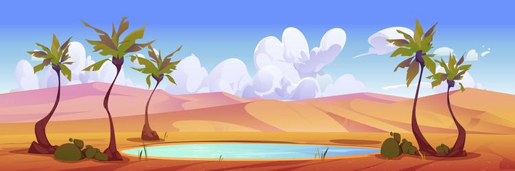 Swamp and palm tree in egypt desert oasis backdrop