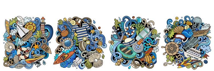 Marine cartoon doodle designs set Royalty Free Vector Image