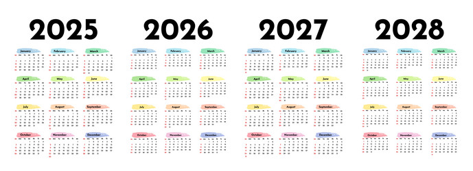 Set of calendars for 2025 2026 2027 and 2028 Vector Image