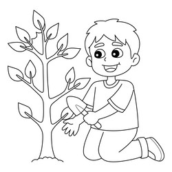 Boy hugging a tree coloring page Royalty Free Vector Image