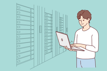 Cartoon computer engineers working with server Vector Image