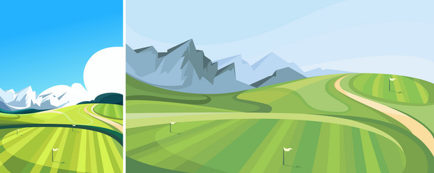Cartoon golf course on nature landscape with red Vector Image
