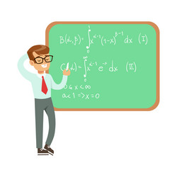 Boy mathematician writing formulas on blackboard Vector Image