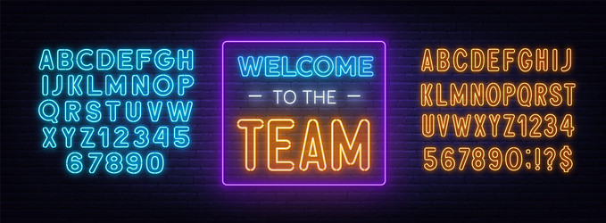Welcome to the team neon sign on brick wall Vector Image