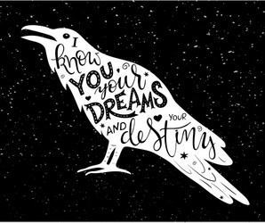 Hand drawn lettering inscribed in raven silhouette