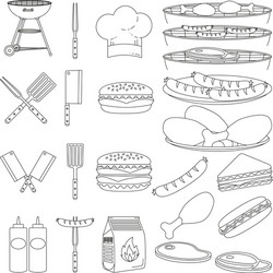 Line art black white bbq cooking 15 element set Vector Image
