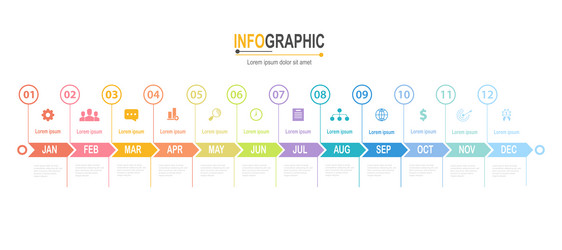 Infographic timeline template 12 steps Royalty Free Vector