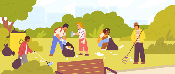 Children cleaning up cartoon character on white Vector Image