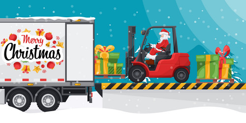 Santa claus driving a forklift loading gifts Vector Image