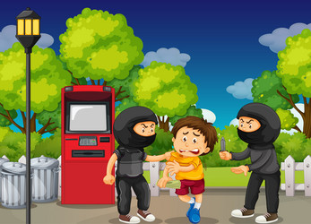 Atm scene with a boy threatened from robber Vector Image