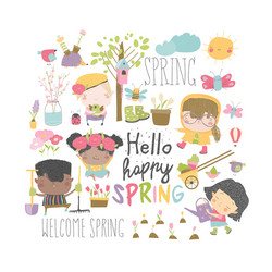 Set cartoon children and spring elements Vector Image