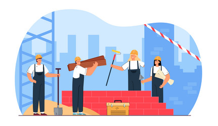 Young cartoon people constructing brick building Vector Image