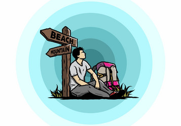 Man sit on the ground beside way sign beach Vector Image