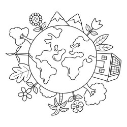 Earth day boy planting isolated coloring page Vector Image