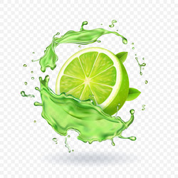 Realistic lemon splash flow with leaves Royalty Free Vector