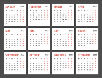 Calendar template 2022 12 month gray Royalty Free Vector