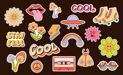 Groovy stickers set with rainbow heart and flower Vector Image
