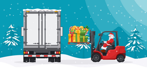 Santa claus driving a forklift loading gifts Vector Image